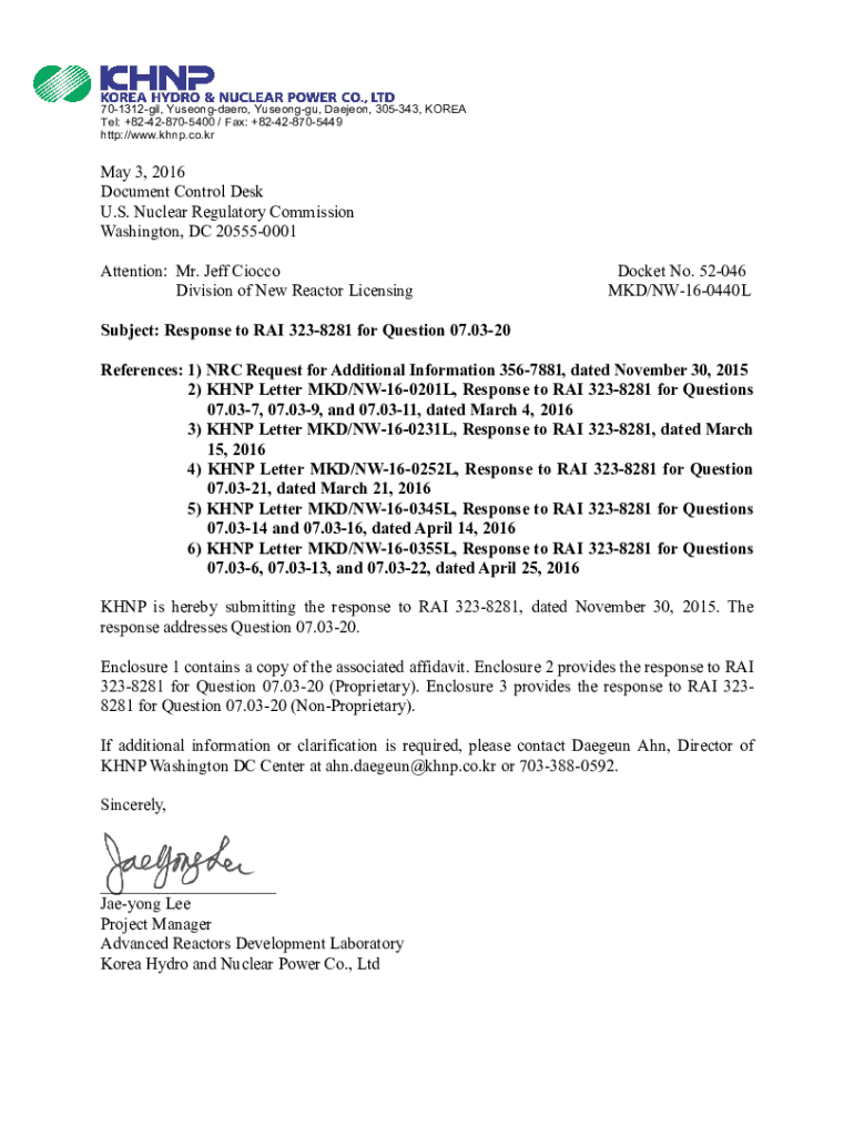 Fillable Online Korea Hydro and Nuclear Power Co., Ltd - Transmittal Response to ... Fax Email ...
