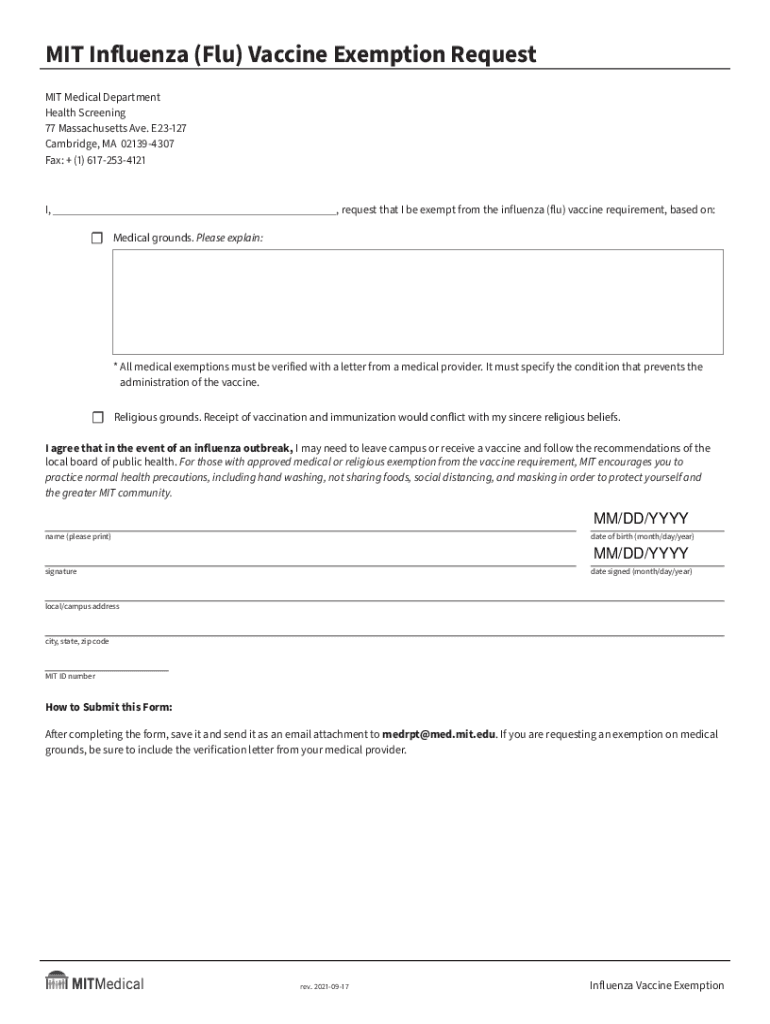 Fillable Online medical mit MIT Influenza (Flu) Vaccine Exemption ...