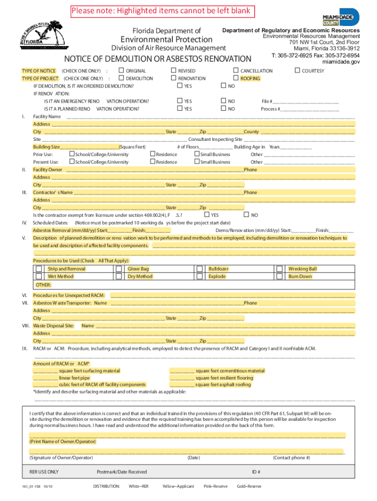 Fillable Online PDF Notice of Demolition or Asbestos Renovation - Miami ...