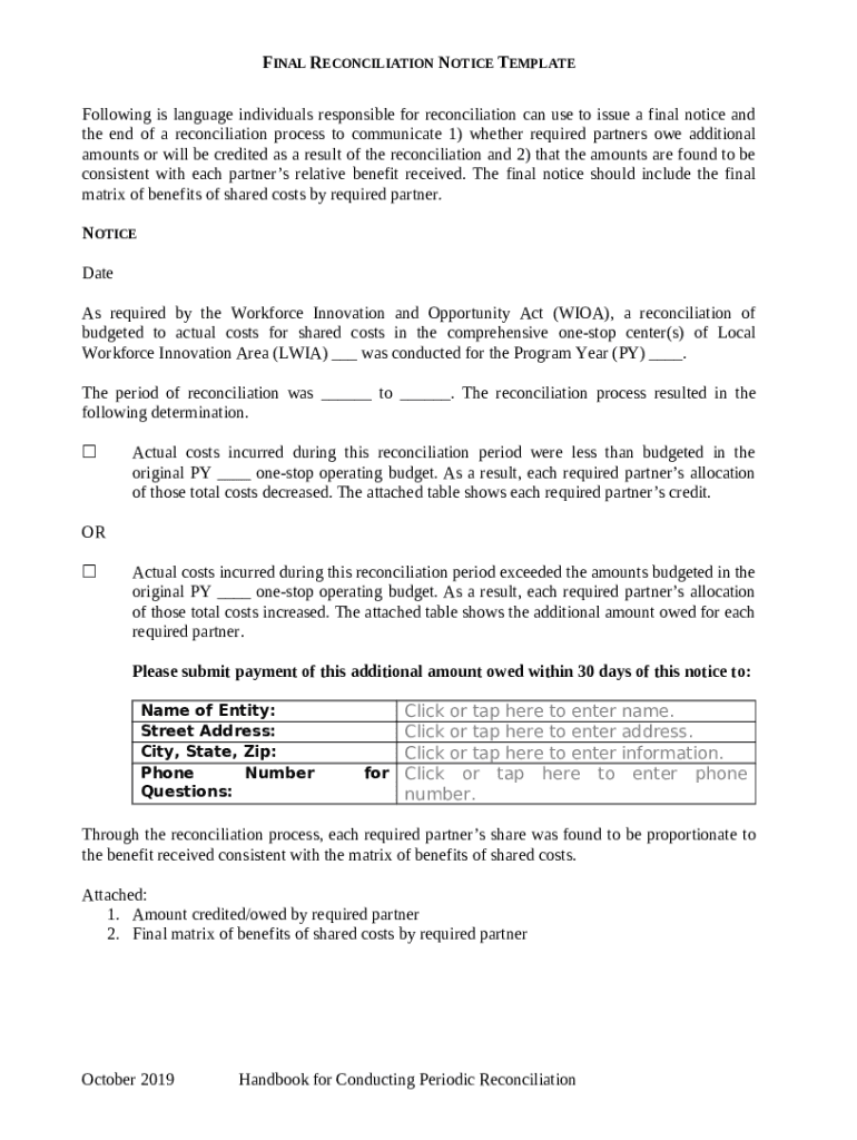 Sample Final Reconciliation Notice Doc Template | pdfFiller