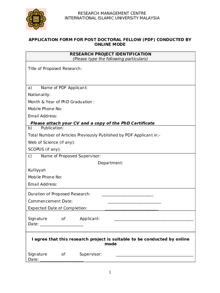 APPLICATION FOR POST DOCTORAL FELLOW (PDF) CONDUCTED BY ONLINE ... Doc Template | pdfFiller