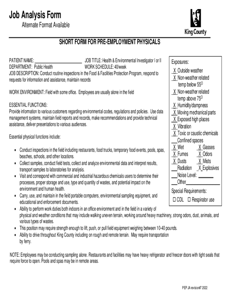 Fillable Online SHORT FORM FOR PRE-EMPLOYMENT PHYSICALS - King County ...