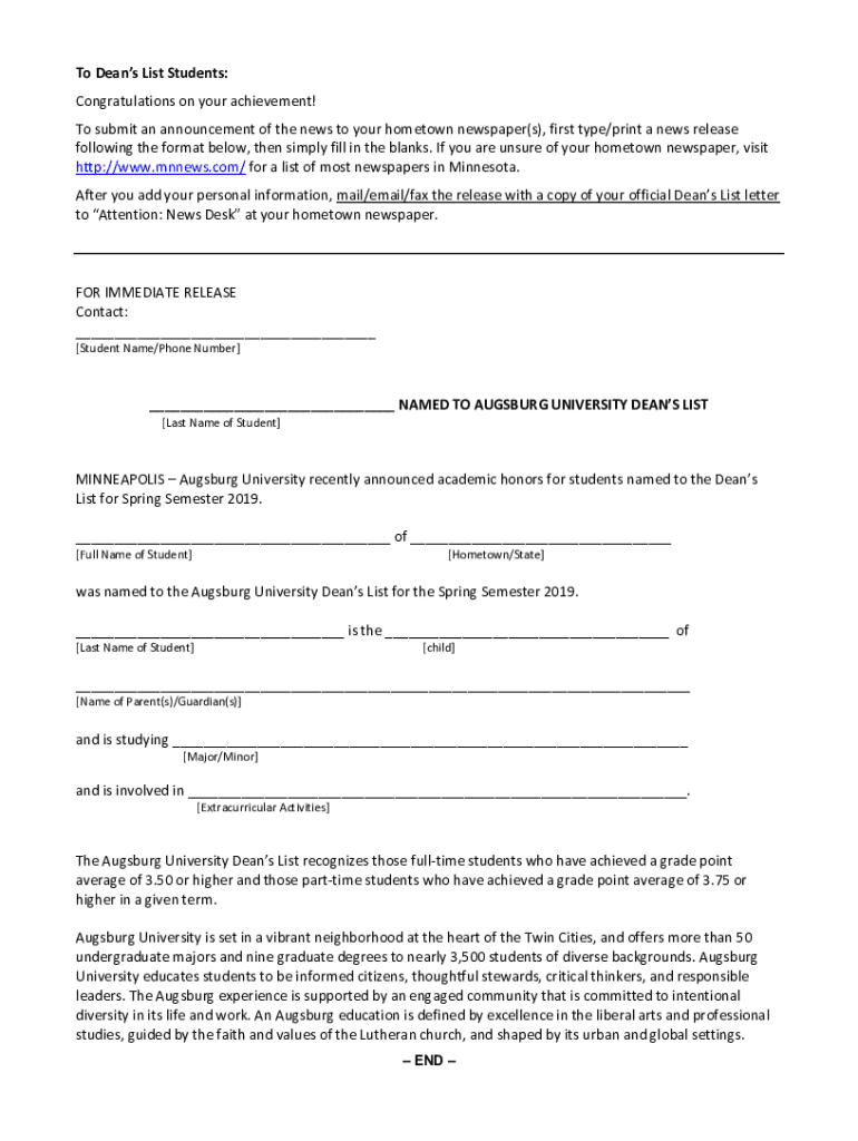 Fillable Online To Deans List Students - Augsburg University Fax Email Print - pdfFiller