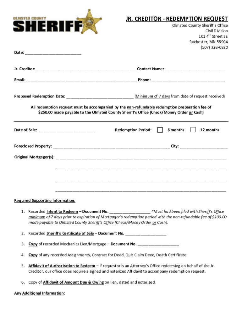 Fillable Online Sheriff's Office Jr. Creditor Redemption Request. Sheriff's Office Jr. Creditor ...