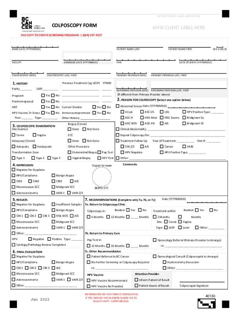 Fillable Online bccancer bc Colposcopy Form40130ACTIVE2021117 (Activated, Traditional) Fax Email ...