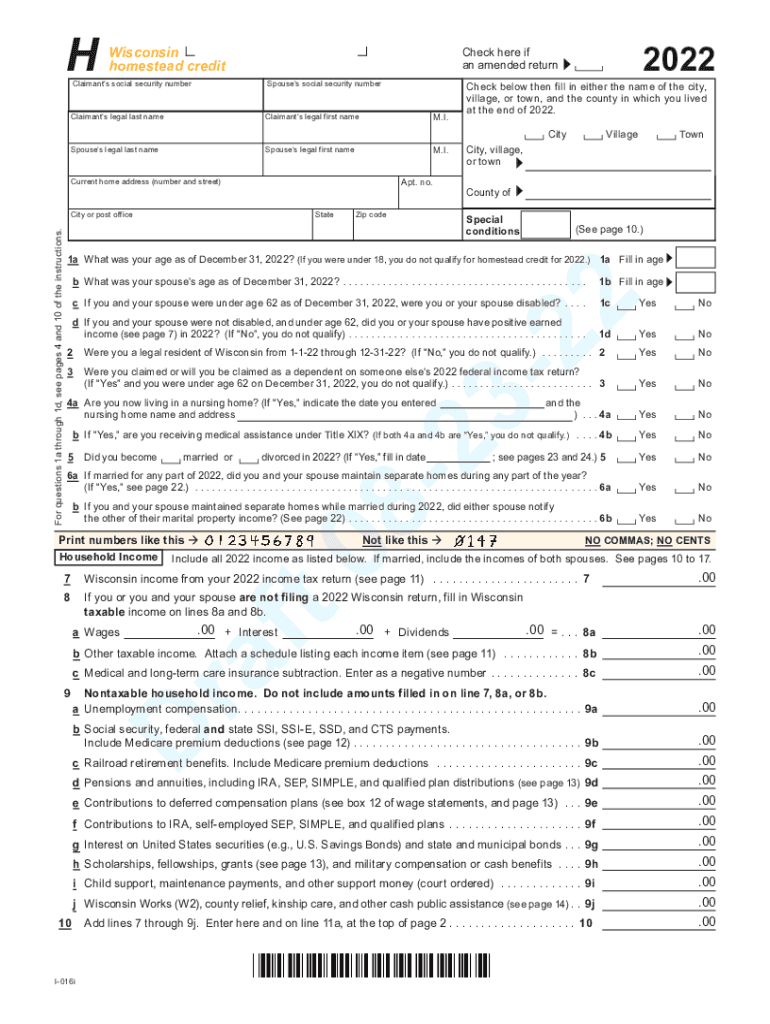 Fillable Online 2022 I-016 Schedule H, Wisconsin homestead credit ...