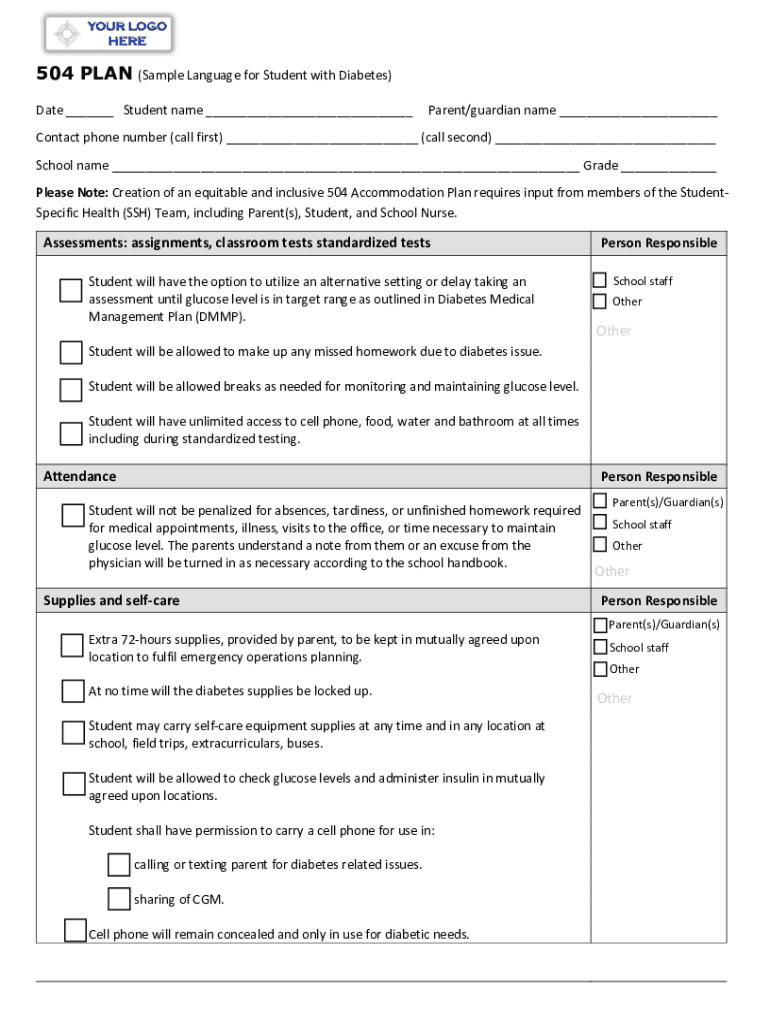 Fillable Online SAMPLE SECTION 504 PLAN - American Diabetes Association ...