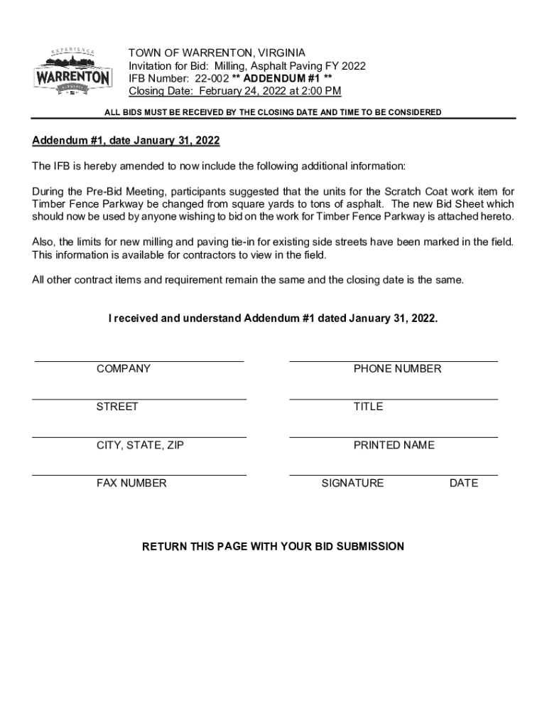 Fillable Online TOWN OF WARRENTON, VIRGINIA Invitation for Bid: Milling ...