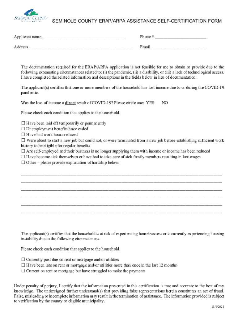 Fillable Online Seminole County ERAP/ARPA Assistance Self-Certification Form Fax Email Print ...