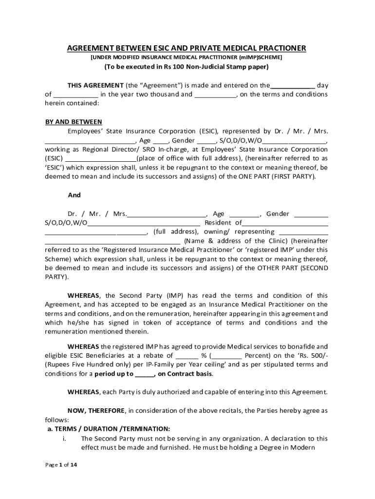 Fillable Online AGREEMENT BETWEEN ESIC AND PRIVATE MEDICAL Fax Email ...