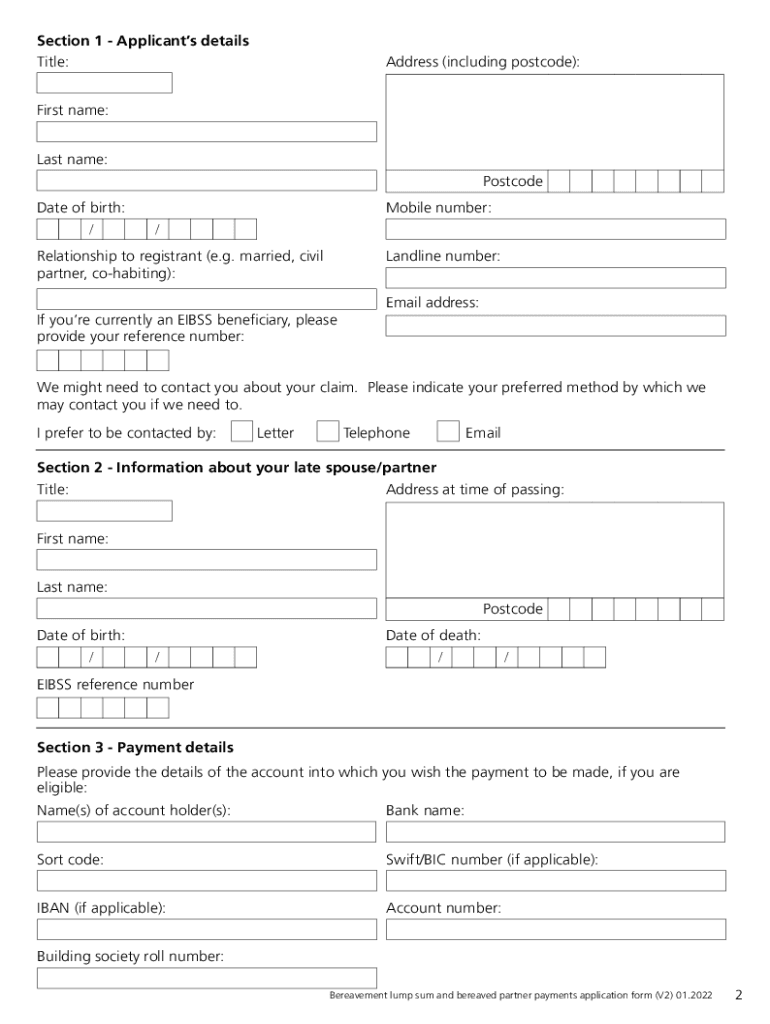 Fillable Online Application form for bereavement lump sum and bereaved partner payments Fax ...