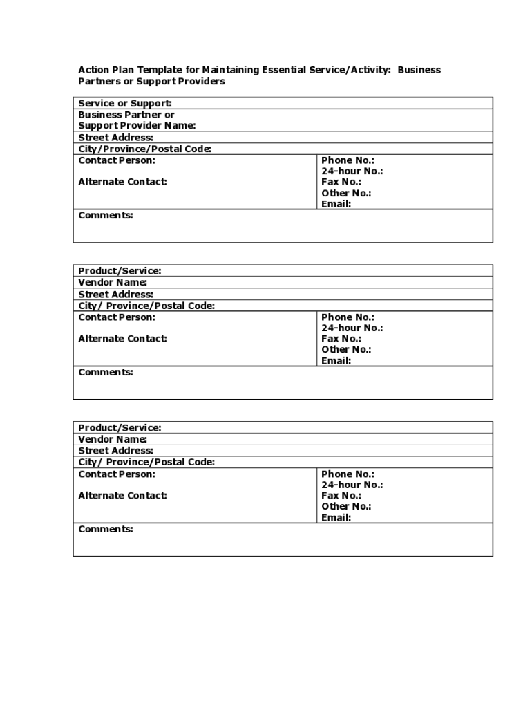 Fillable Online Action Plan Template for Maintaining Essential Service ...