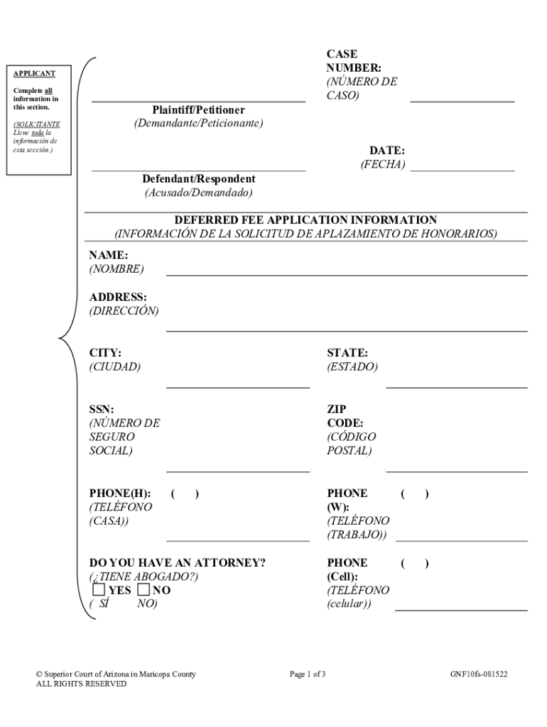 Fillable Online superiorcourt maricopa APPLICATION FOR FURTHER DEFERRAL OR WAIVER OF FEES and/or ...