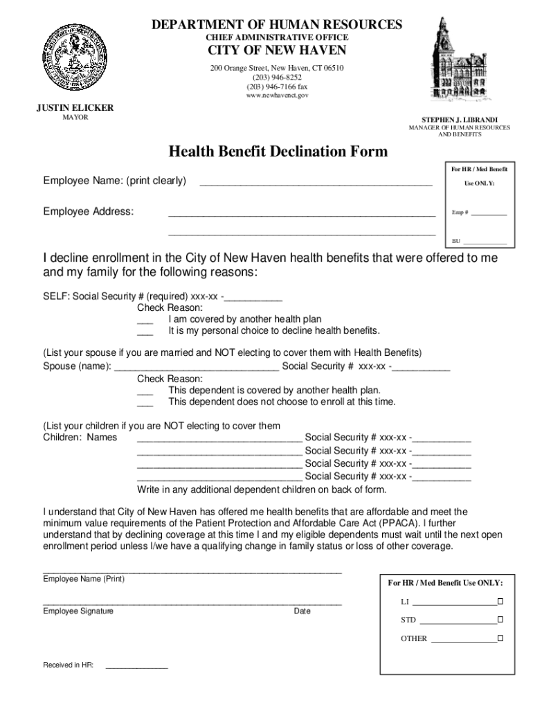 Fillable Online Health Benefit Declination Form Fax Email Print - pdfFiller