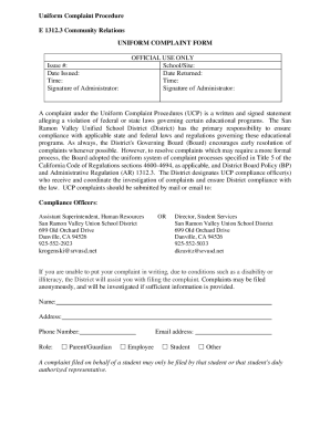 Fillable Online www.srvusd.netUniform-Complaint-FormUniform Complaint Procedure E 1312.3 ...