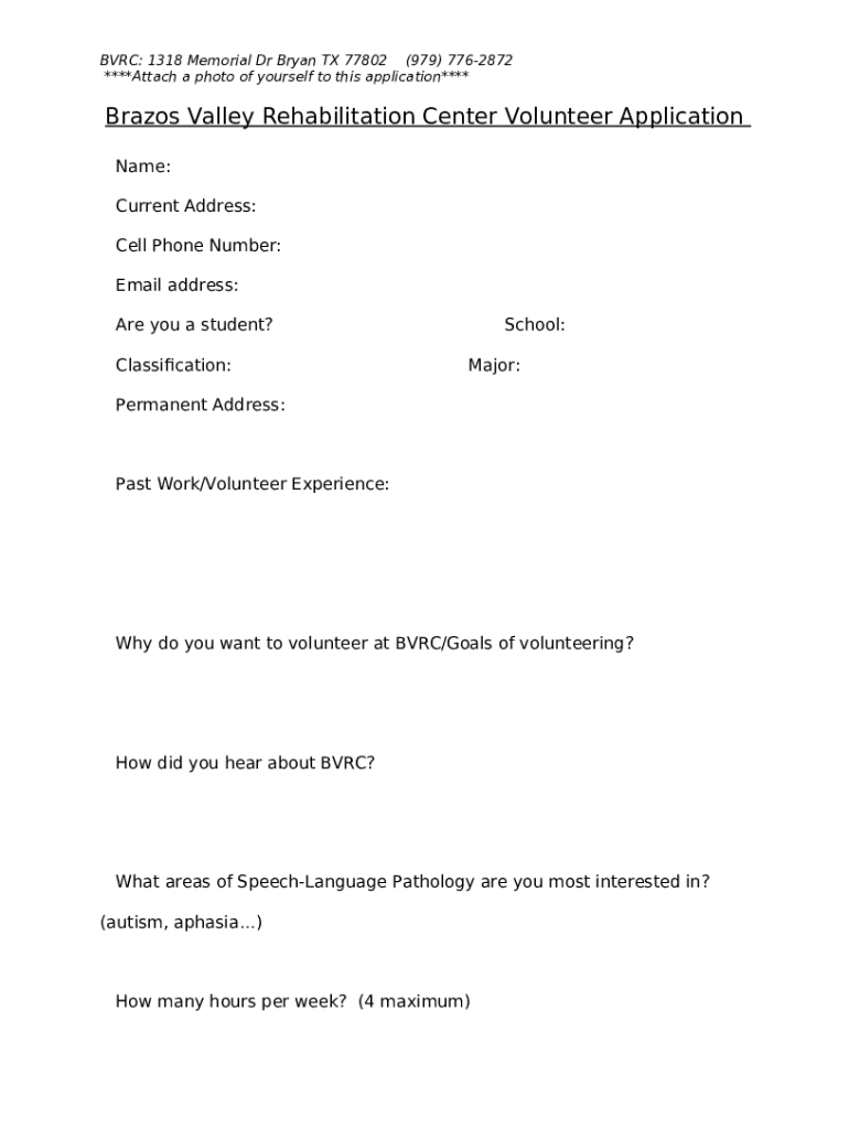Brazos Valley Rehabilitation Center Volunteer Application Doc Template | pdfFiller
