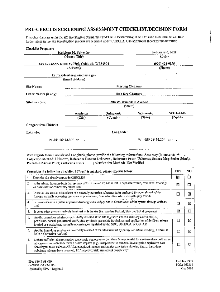 Fillable Online dnr wi PRE-CERCLIS SCREENING ASSESSMENT CHECKLIST ...