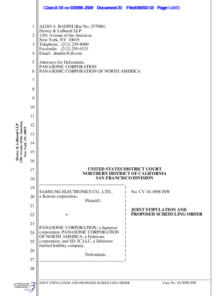 Fillable Online Samsung Panasonic--Stipulation re Response and Briefing Schedule.doc Fax Email ...
