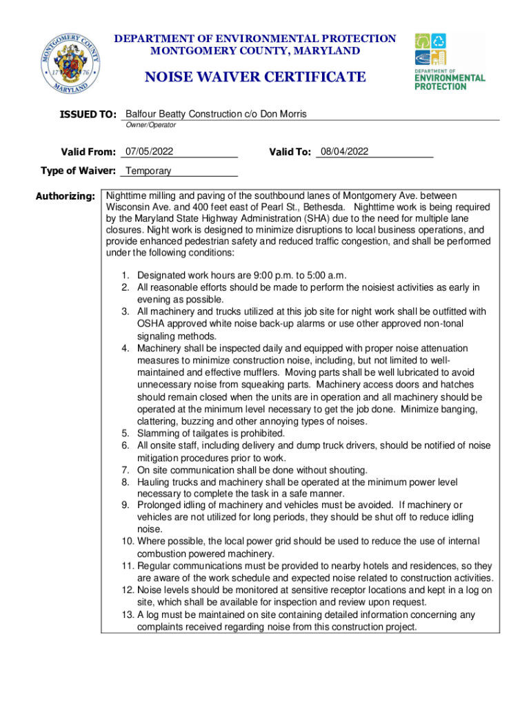 Fillable Online www.montgomerycountymd.gov DEP ResourcesNOISE WAIVER CERTIFICATE - Montgomery ...