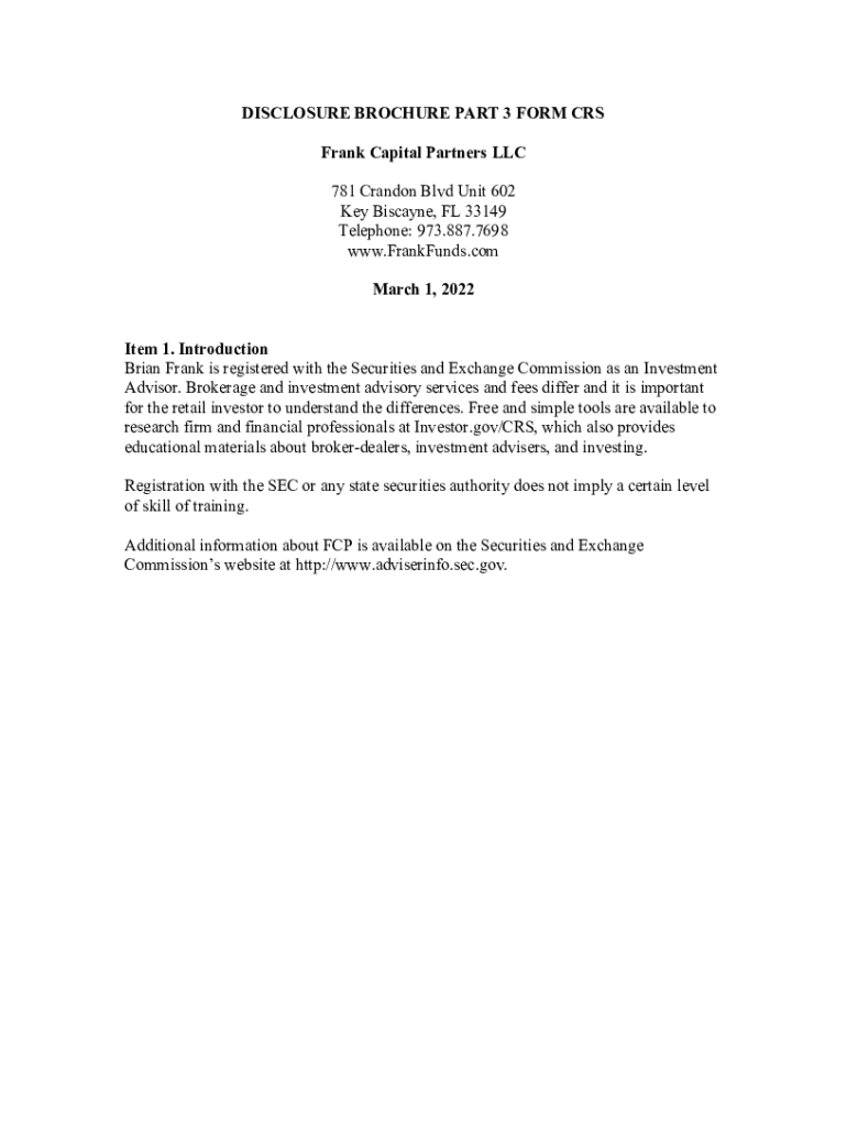 Fillable Online DISCLOSURE BROCHURE PART 3 FORM CRS Frank Capital ...