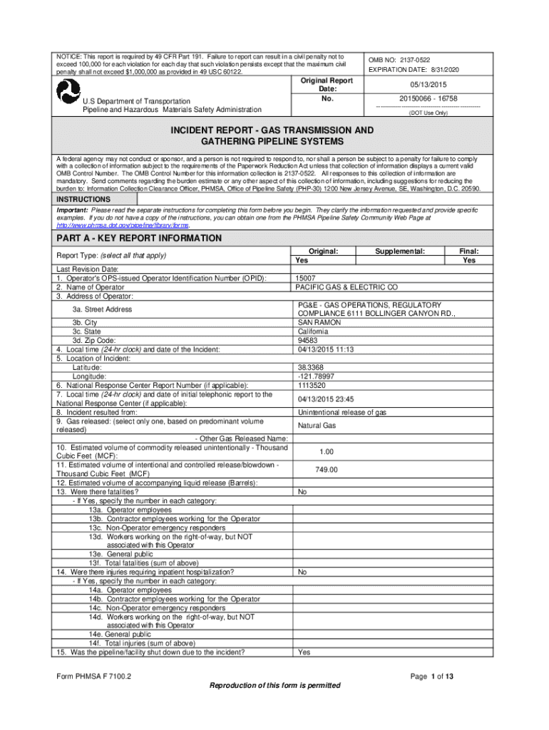 Fillable Online osfm fire ca INCIDENT REPORT - GAS TRANSMISSION AND ...