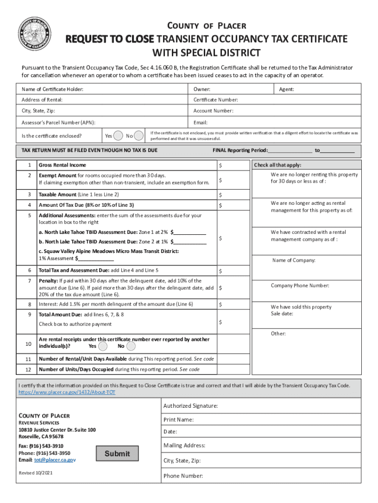 Fillable Online Request to Close Transient Occupancy Tax Certificate ...