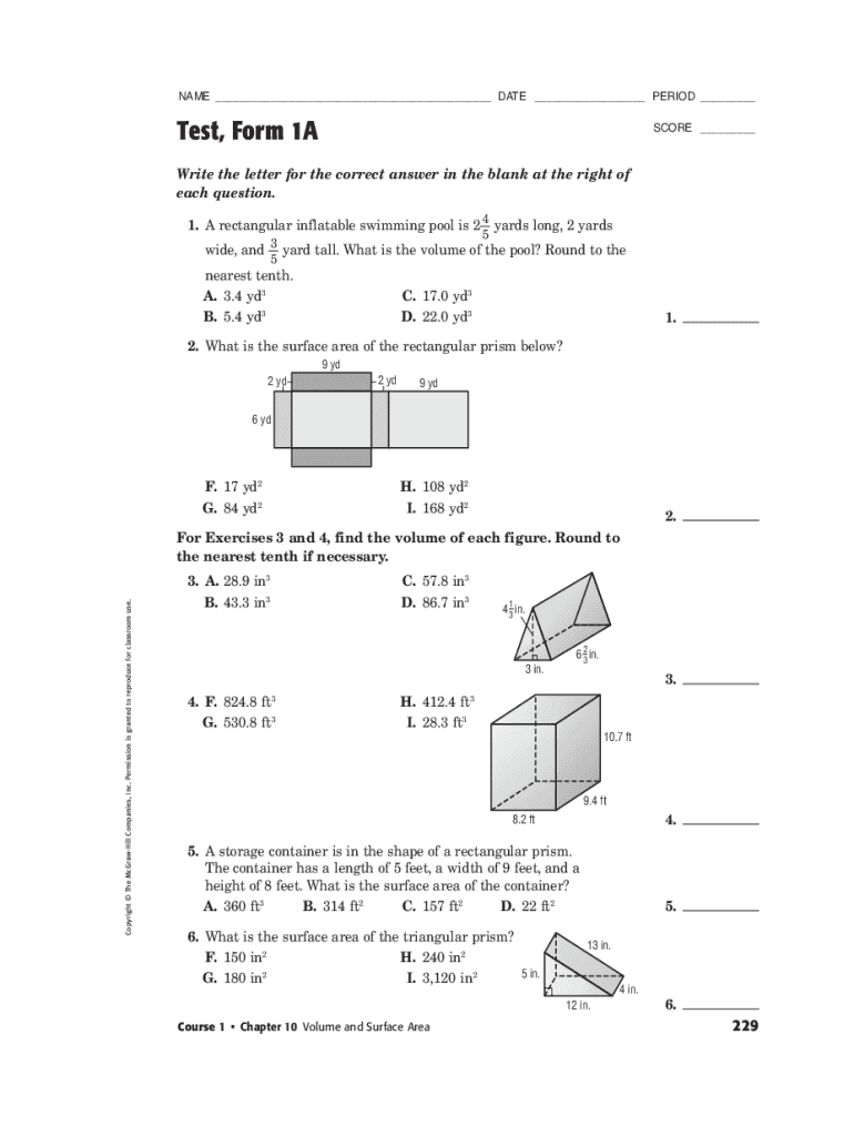 Fillable Online Course 1 Chapter 10 Volume And Surface Area Answer Key ...