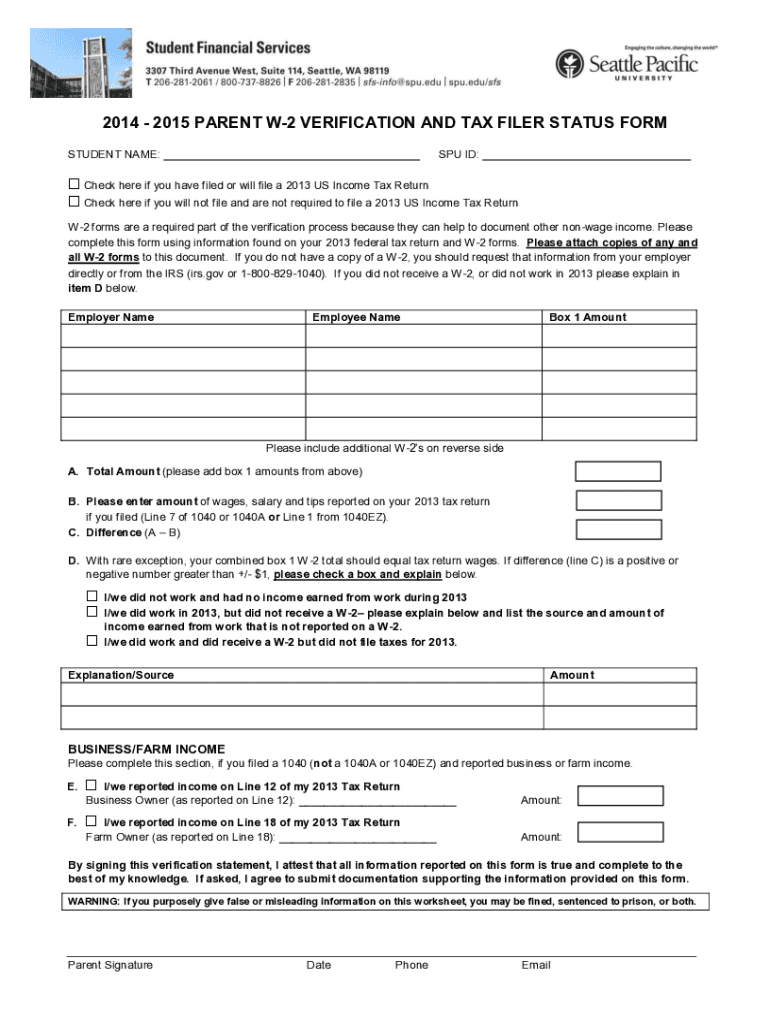 Fillable Online spu.edudeptssfs2014 - 2015 PARENT W-2 VERIFICATION AND ...