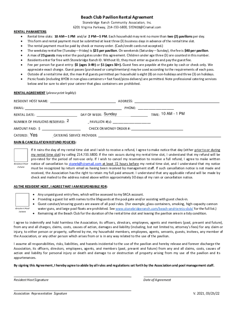 Fillable Online Beach Club Pavilion Rental Agreement - Stonebridge Ranch Fax Email Print - pdfFiller