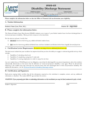 Fillable Online 2022-23 Disability Discharge Statement - Laurel Ridge ...