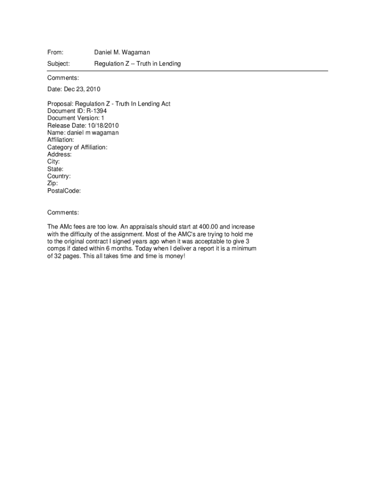 Fillable Online From: Daniel M. Wagaman Subject: Regulation Z -- Truth ...