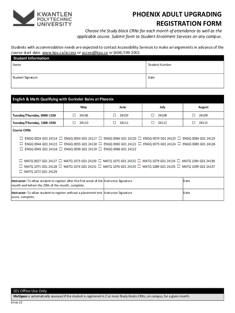 Fillable Online PHOENIX ADULT UPGRADING REGISTRATION FORM - Kwantlen ...