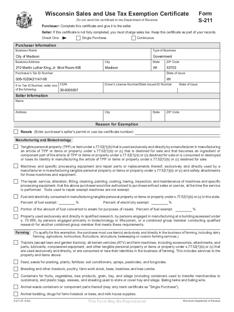 Fillable Online June 2022 S-211 Wisconsin Sales and Use Tax Exemption ...