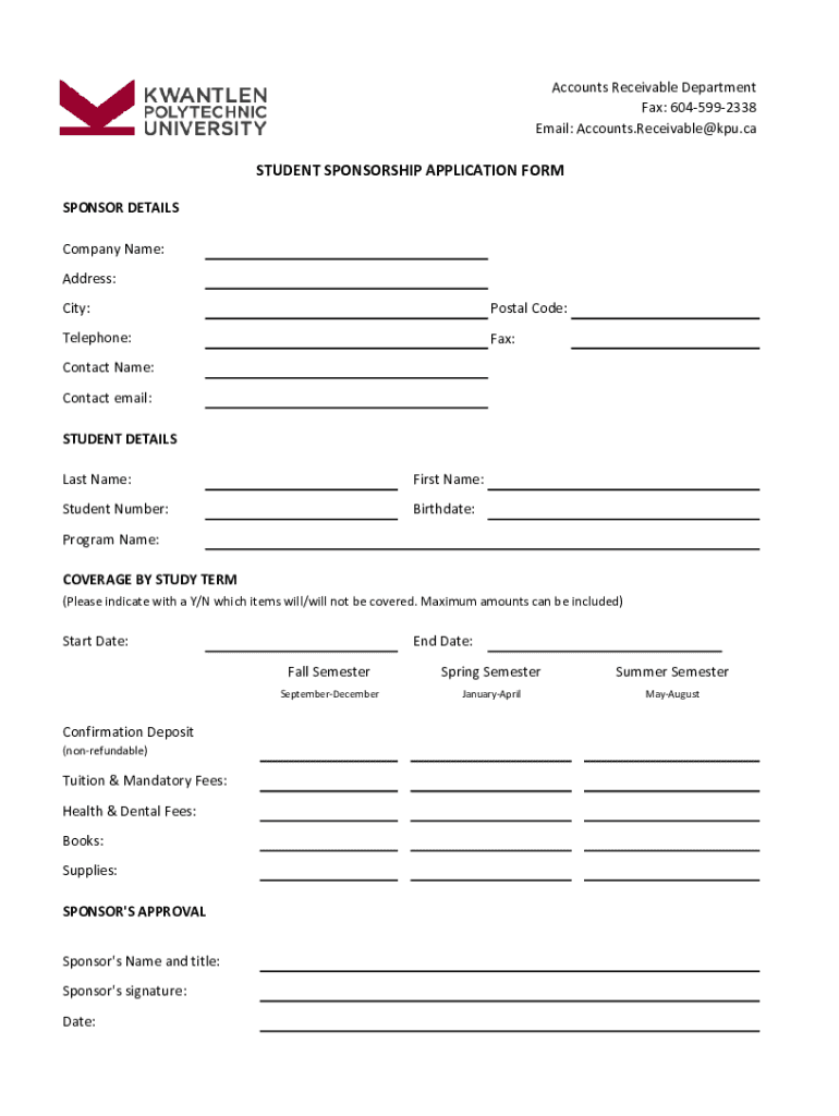 Fillable Online STUDENT SPONSORSHIP APPLICATION FORM - Kwantlen ...
