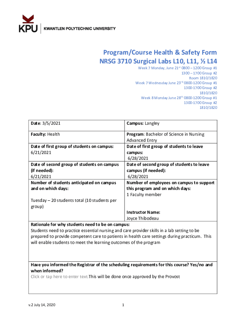 Fillable Online Program/Course Health & Safety Form NRSG 3710 Surgical ...