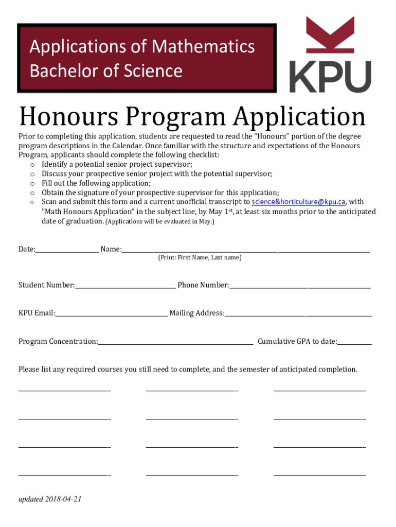 Fillable Online Honours Program Application - Kwantlen Polytechnic ...