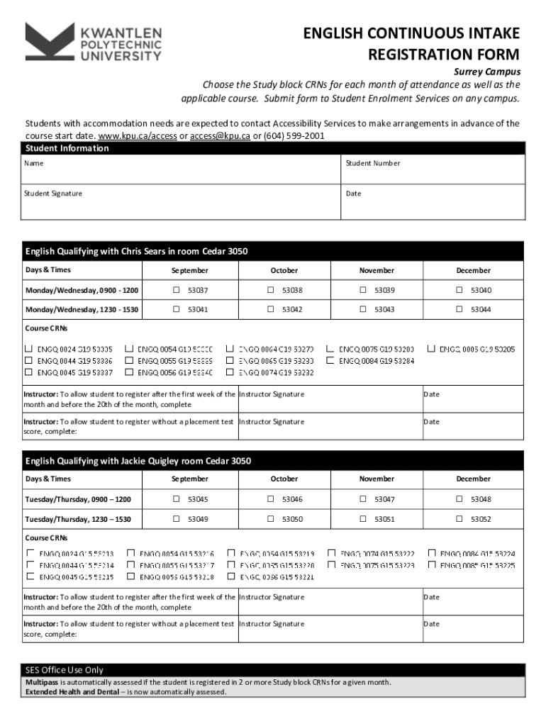 Fillable Online ENGLISH CONTINUOUS INTAKE REGISTRATION FORM Fax Email Print - pdfFiller
