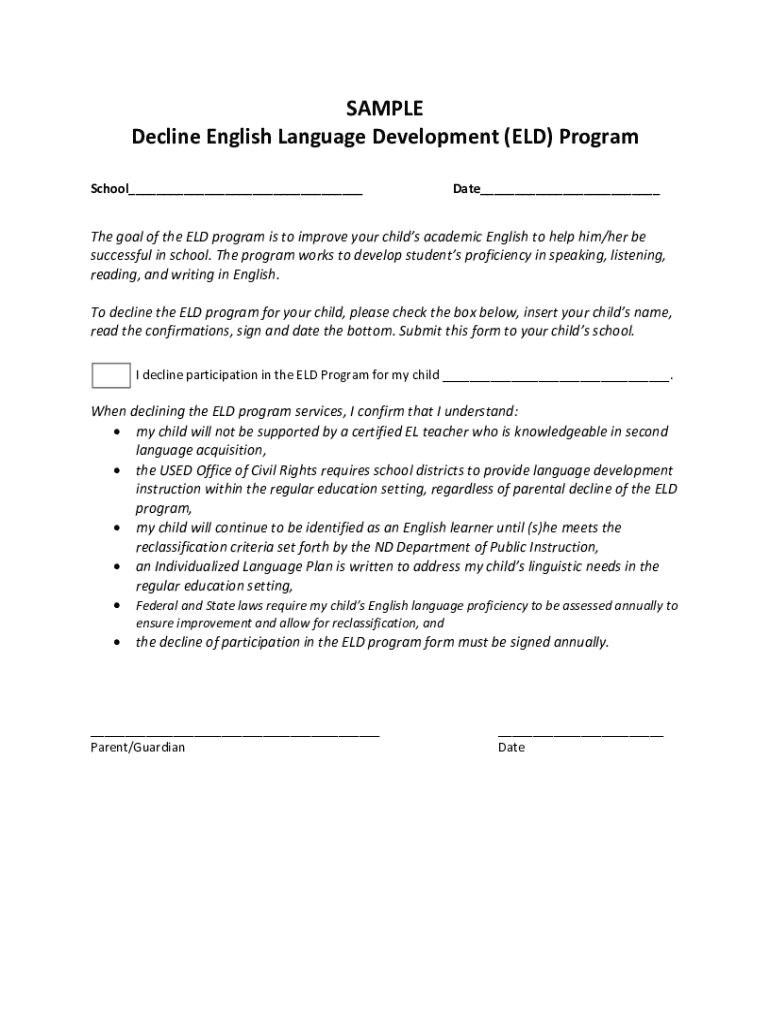Fillable Online SAMPLE Decline English Language Development (ELD ...