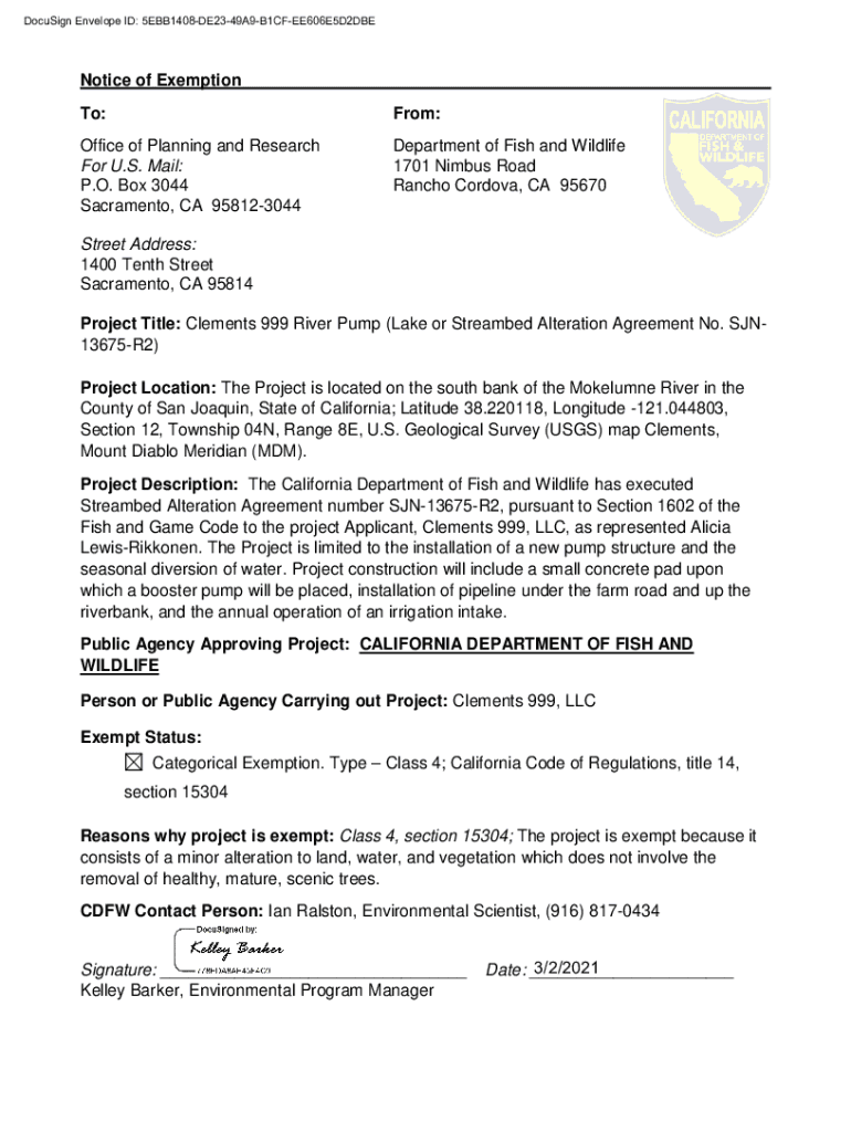 Fillable Online Clements 999 River Pump (Lake or Streambed Alteration ...