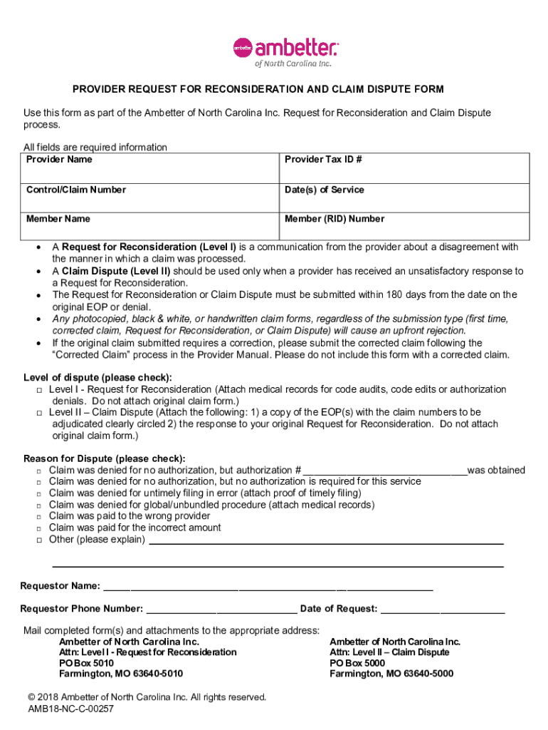 Fillable Online NC - Provider Request for Reconsideration and Claim ...