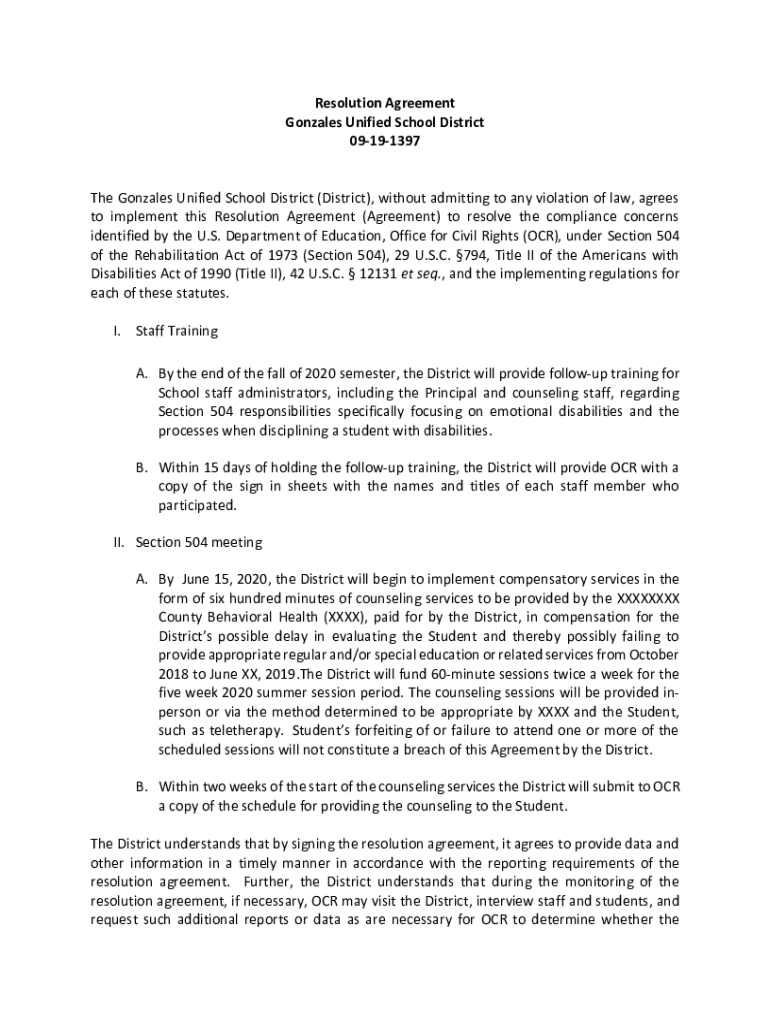 Fillable Online www2 ed Gonzales Unified School District (PDF). Resolution Agreement Fax Email ...