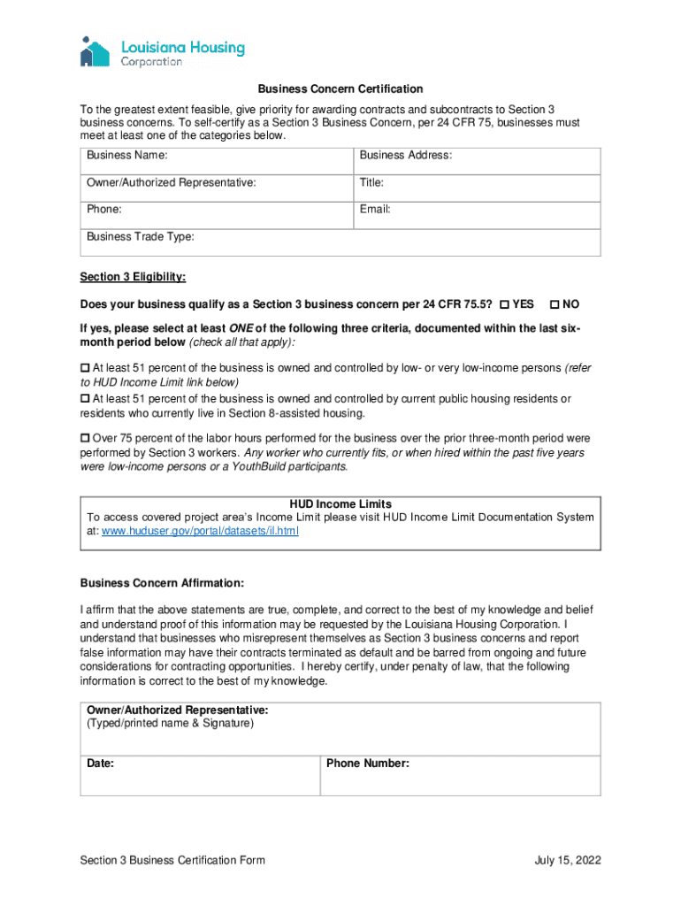Fillable Online Section 3 Business Certification Form July 15, 2022 ...