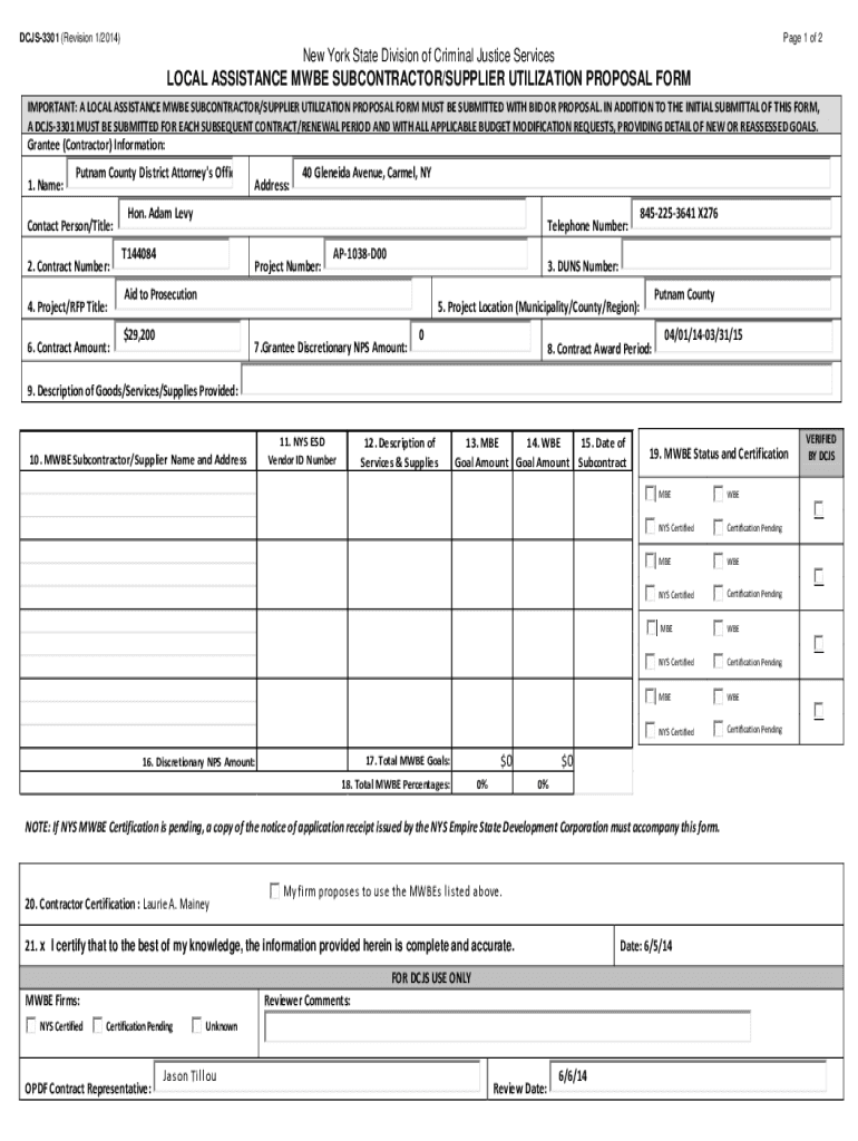Fillable Online AP14-1038-Putnam Co-MWBE 3301. Subcontracting Utilization Form Fax Email Print ...