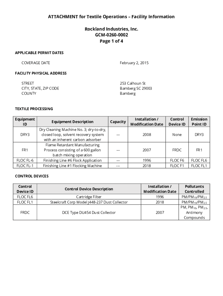 Fillable Online ATTACHMENT for Textile OperationsFacility Information Rockland ... Fax Email ...