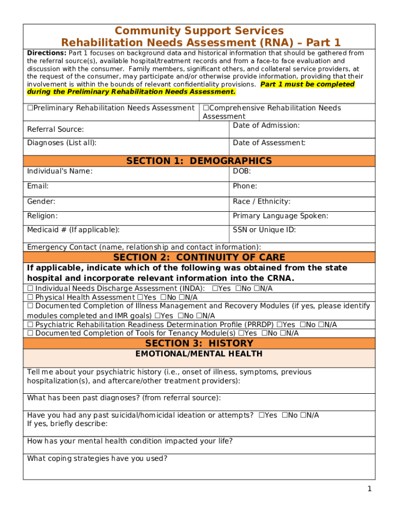 Community Support Services Rehabilitation Needs Assessment (RNA)Part 1 Doc Template | pdfFiller