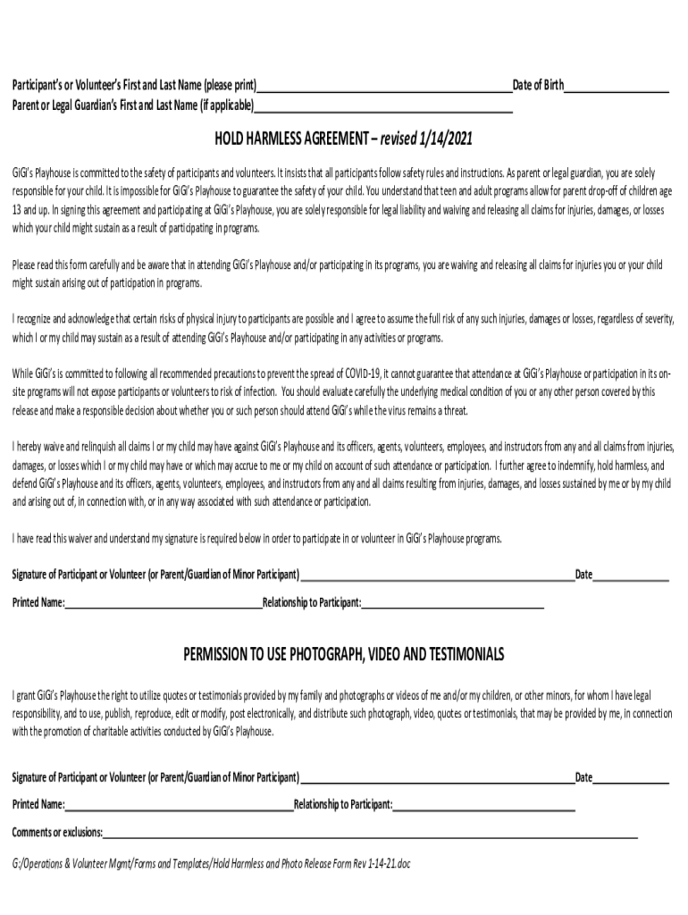 Fillable Online Hold Harmless and Photo Release Form Rev 1-14-21.docx ...