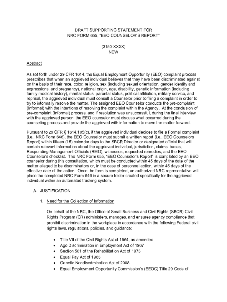 Fillable Online OMB supporting statement for NRC Form 655, EEO Counselor's Report Fax Email ...