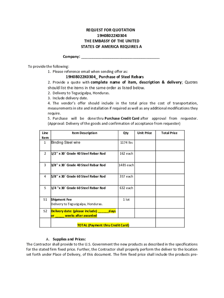 Fillable Online REQUEST FOR QUOTATION 19H08022K0304 THE EMBASSY OF THE ...