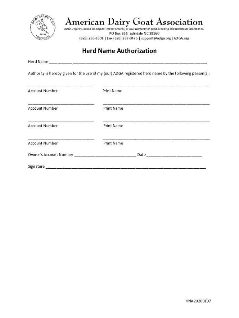 Fillable Online ADGA Herd Name Authorization form Fax Email Print ...