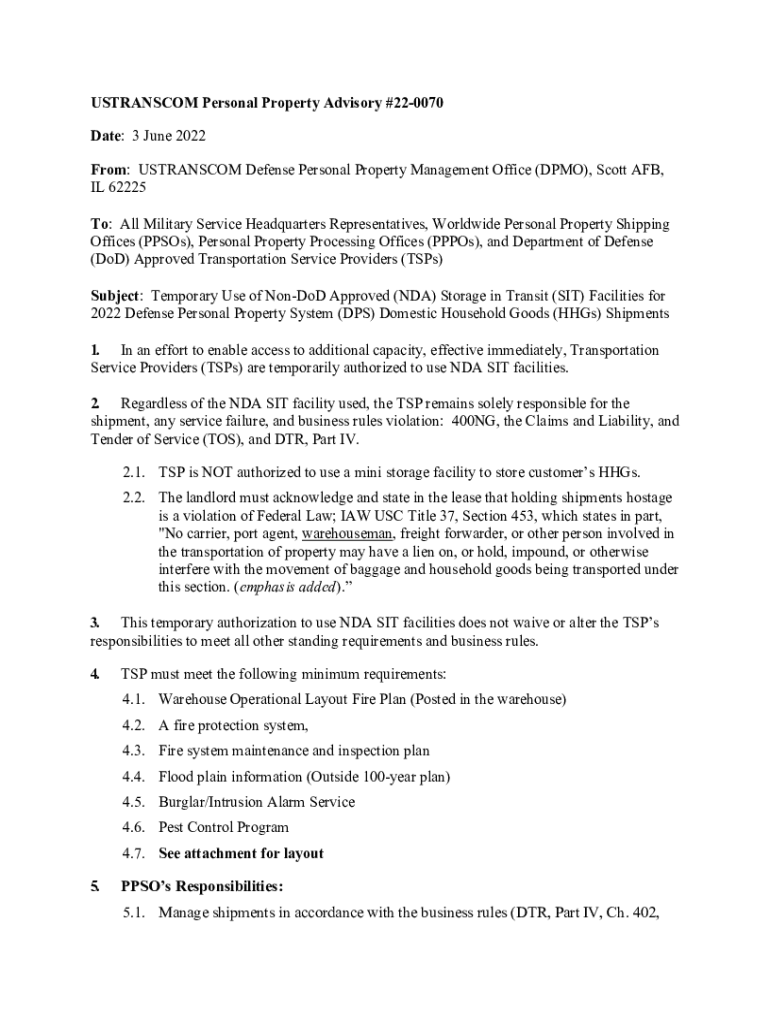 Fillable Online USTRANSCOM Personal Property Advisory #22-0070 Date To ...